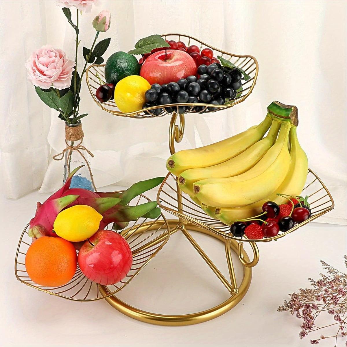 3-Tier Metal Wire Fruit Basket Stand - Golden Finish Kitchen Organizer ...
