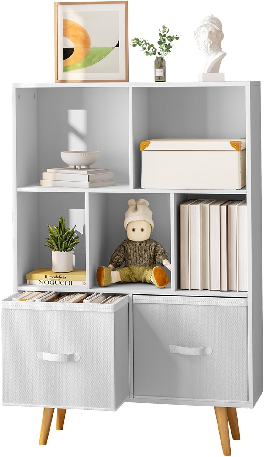 3-Tier Mid-Century Modern Wood Bookcase,White Minimalist 7-Cube ...