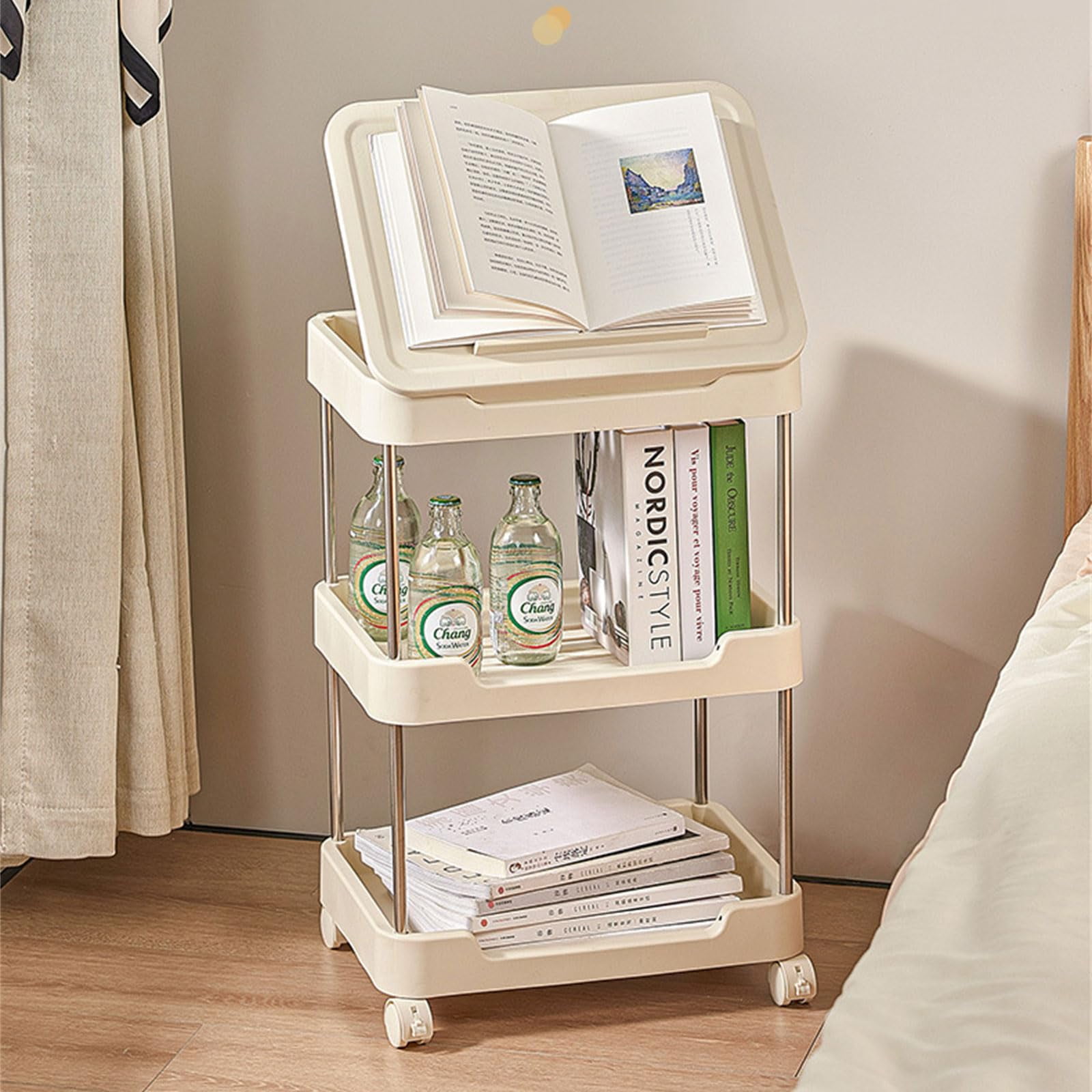3 Tier Mobile Bookshelf Cart with Wheels，Multi-Functional Storage ...