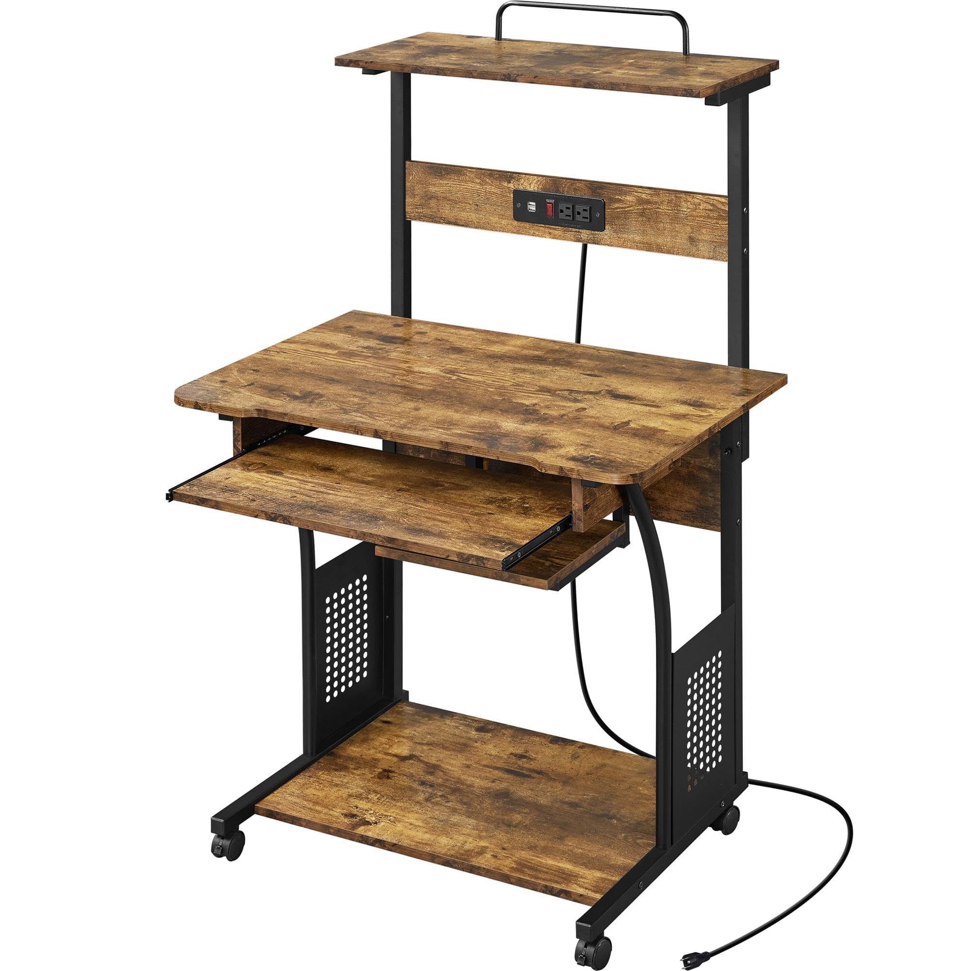 3 Tier Mobile Desk with Power Outlet USB Ports, Rolling Computer ...