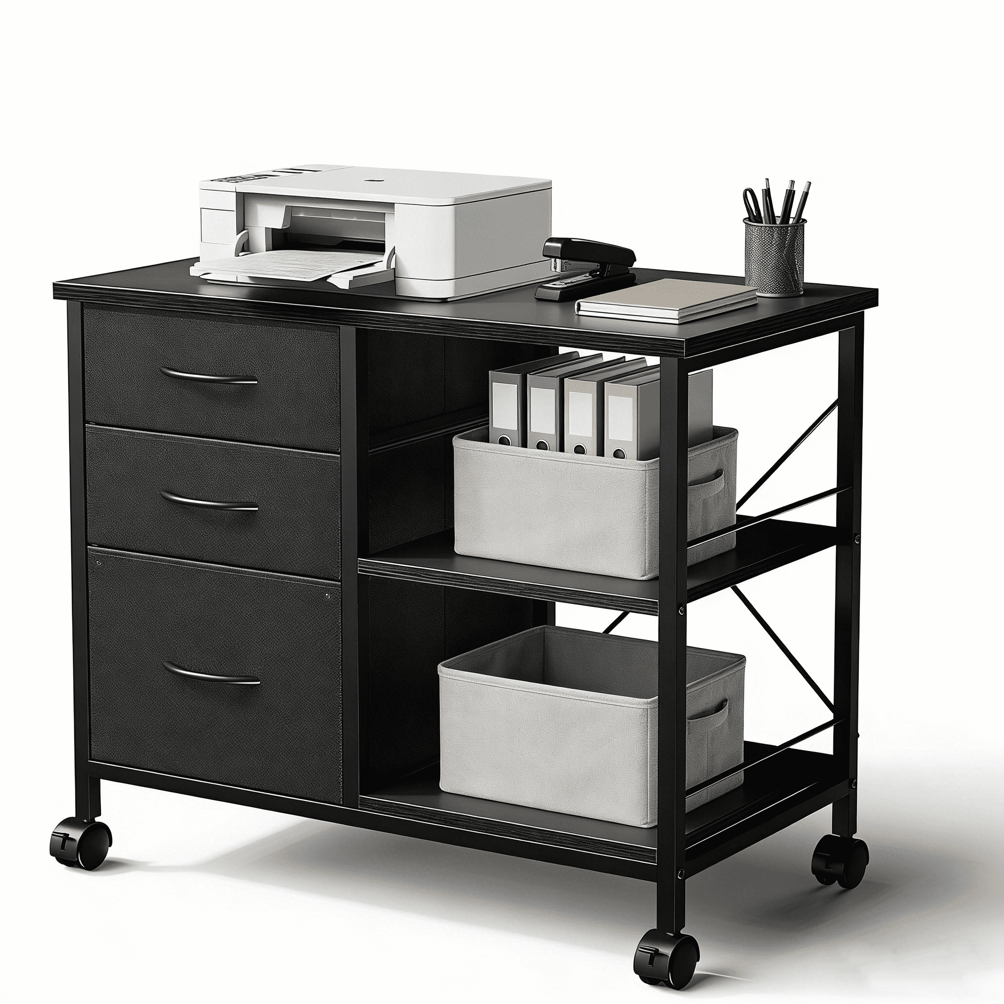 3-Tier Mobile File Cabinet, Rolling Printer Stand with Storage and Back ...