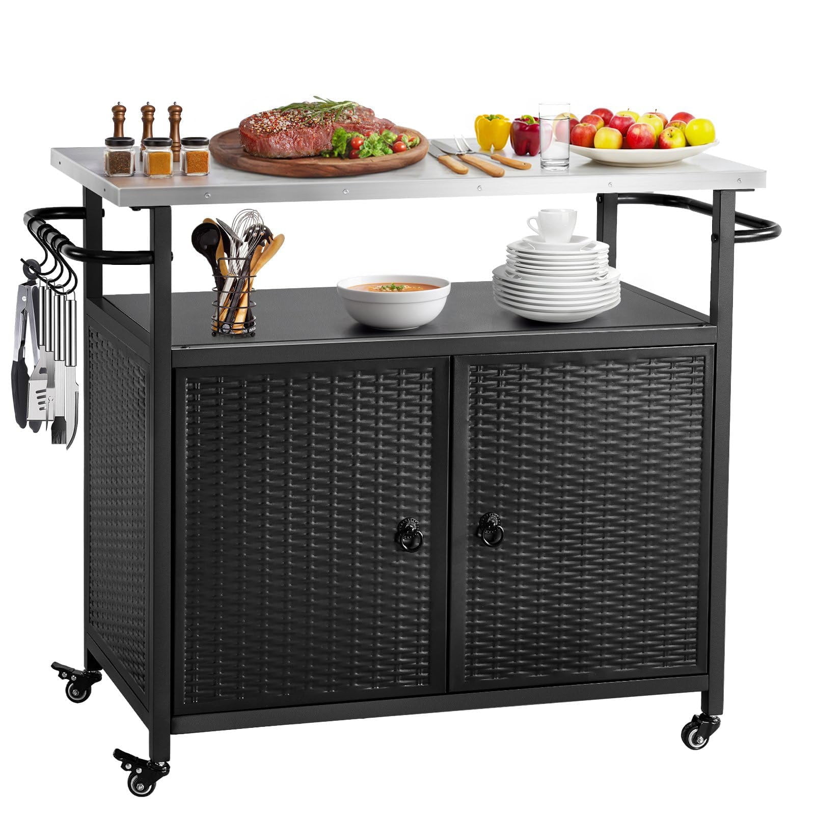 3-Tier Mobile Kitchen Island Cart | Stainless Steel BBQ Prep Table with ...