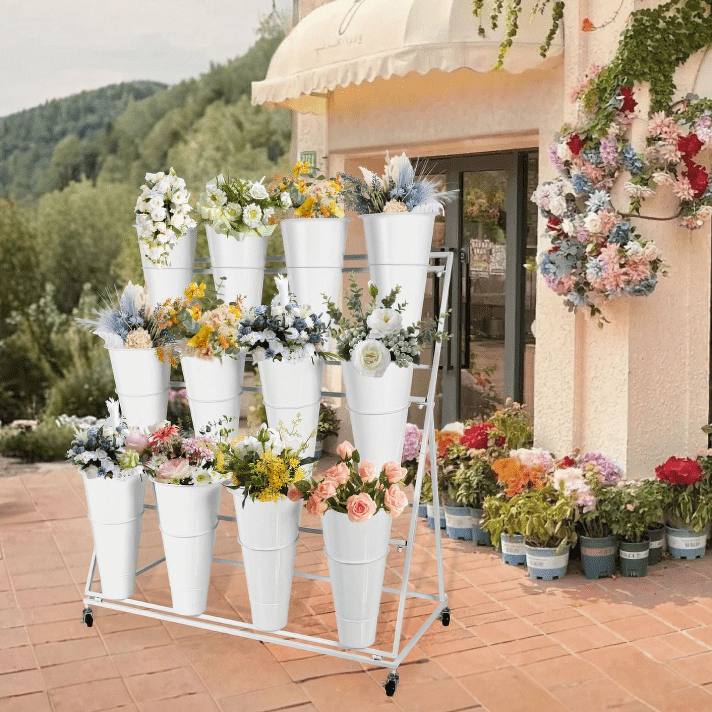 3-Tier Mobile Metal Flower Rack with 12 White Pot Sets - Heavy - Duty ...