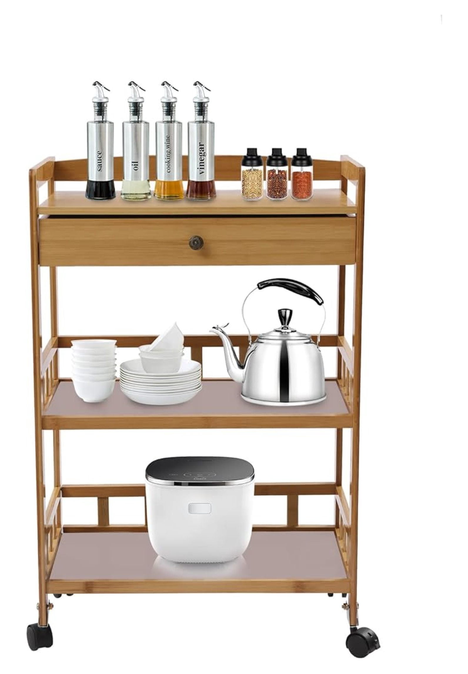 3-Tier Mobile Serving Cart Bamboo Kitchen Cart with Drawer&Lockable ...