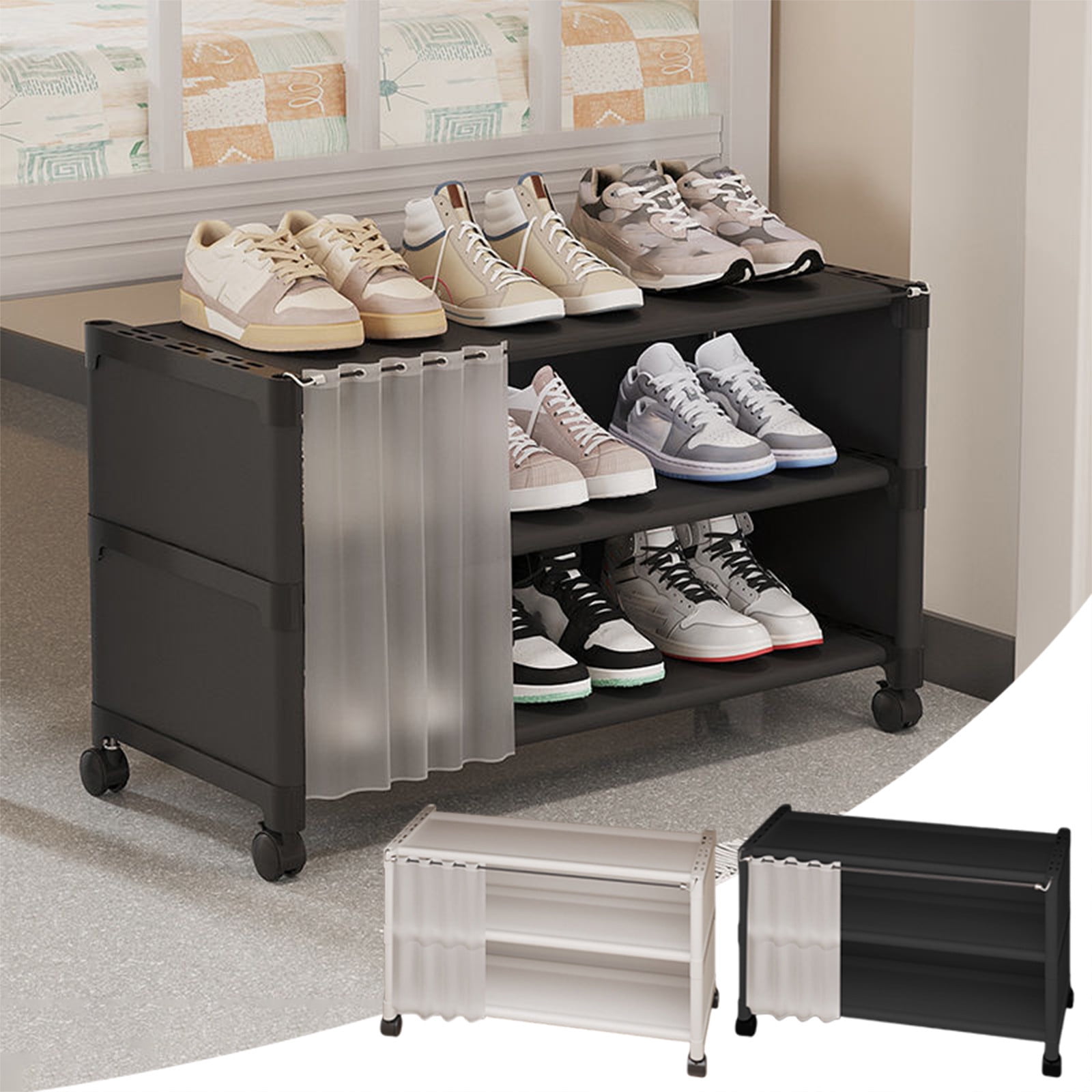 3 Tier Mobile Shoe Rack with Wheels & Curtain, Stainless Steel Portable ...