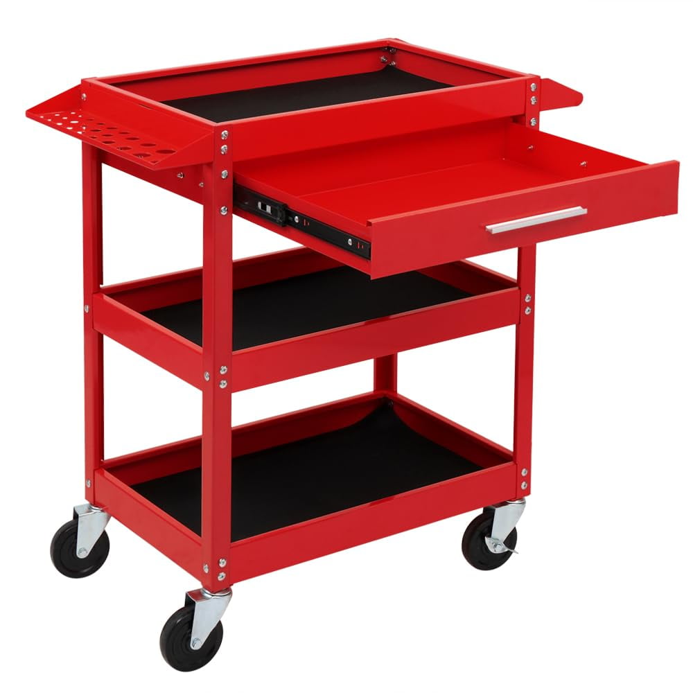 3 Tier Mobile Tool Cart with Sliding Drawer, Steel Construction Utility ...