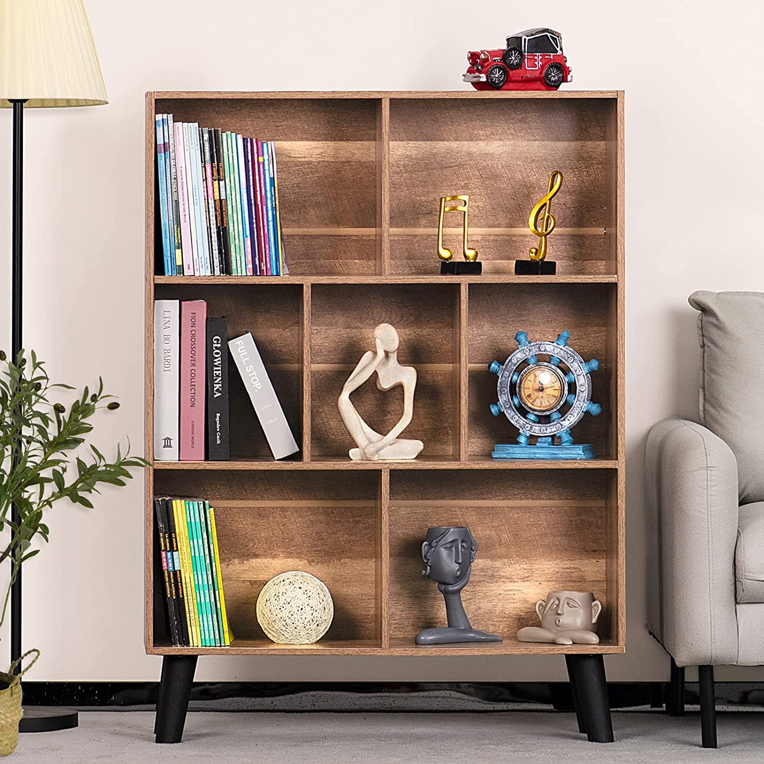 3 Tier Modern Bookcase 7 Cube Bookshelf with Legs,Wood Book Shelves ...