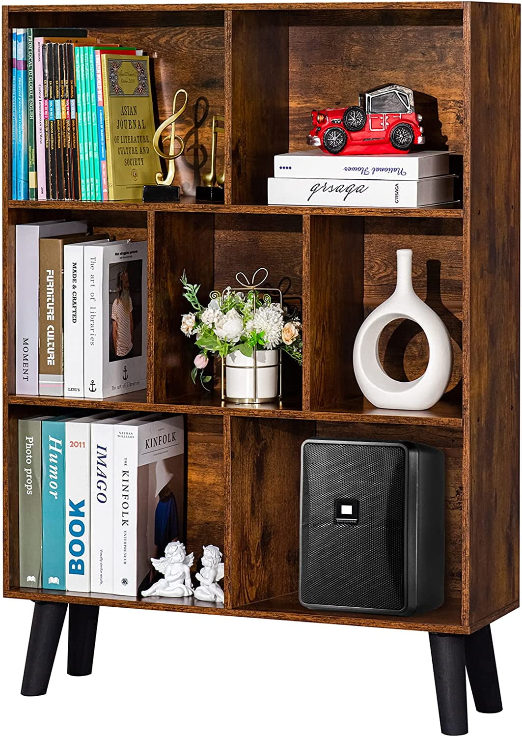 3 Tier Modern Bookcase with Legs,Rustic Brown Bookshelves Storage ...