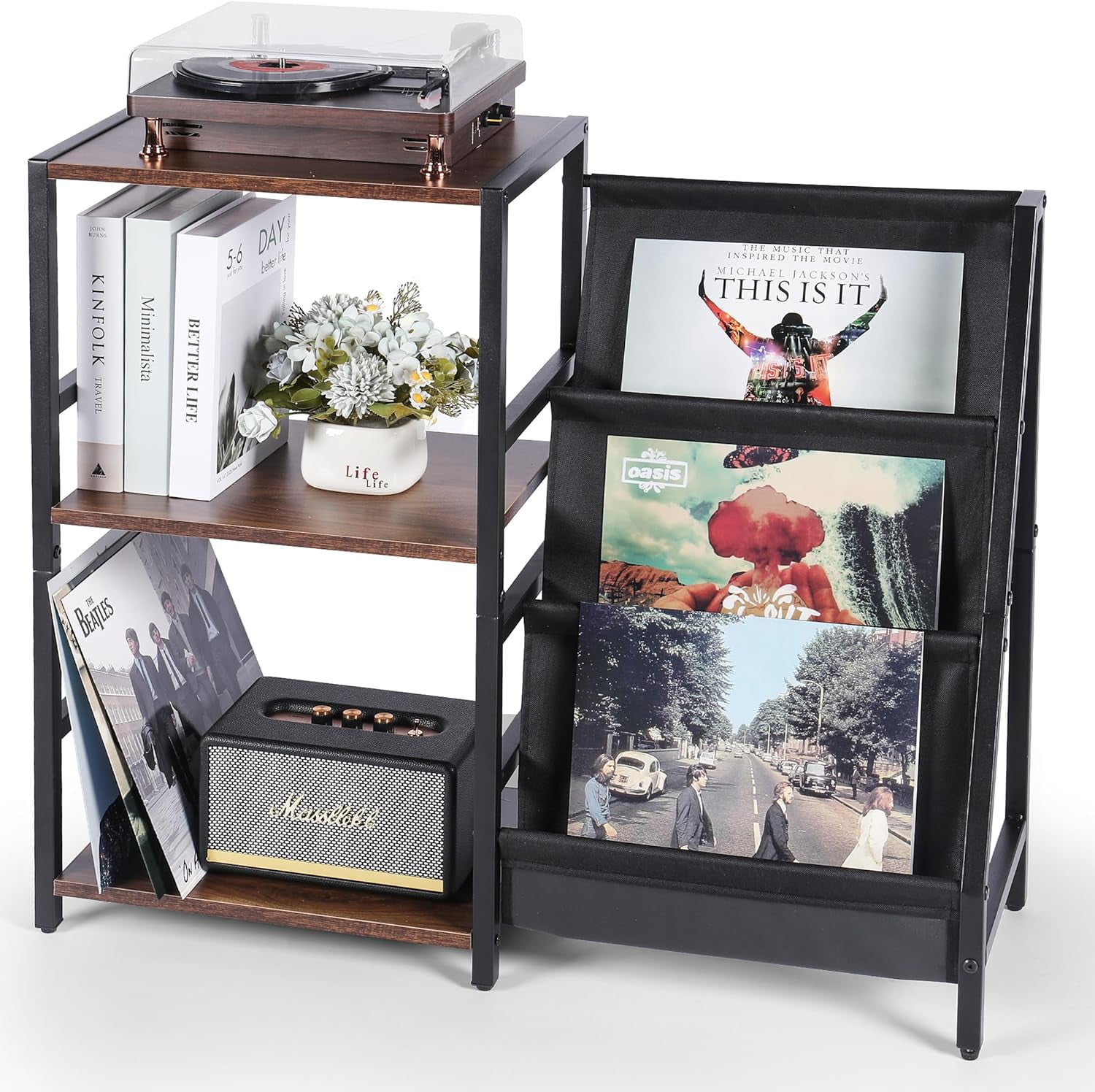 3-Tier Modern Industrial Record Player Stand with Vinyl Record Storage ...