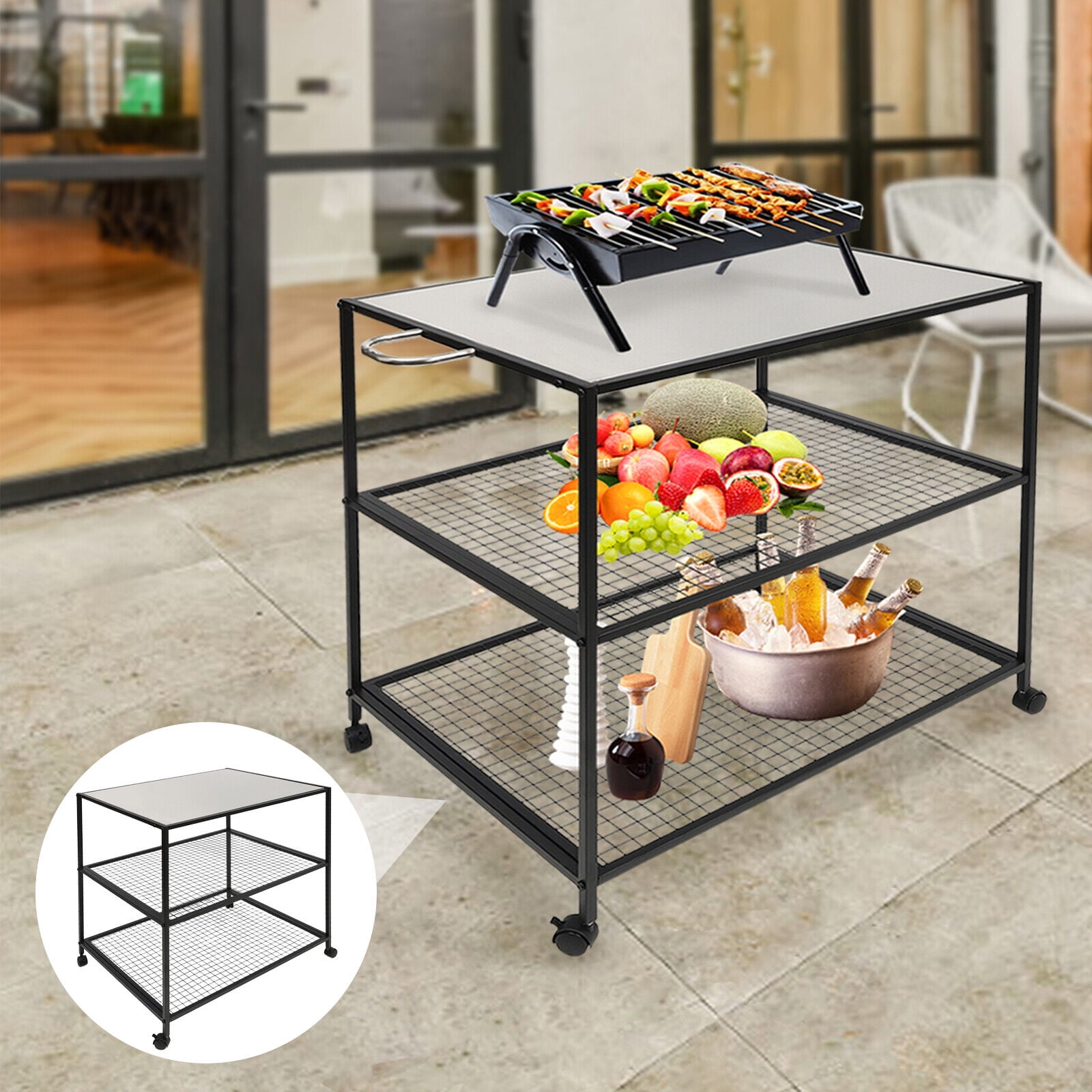 3-Tier Patio Outside Stainless Steel Rolling Prep Station Storage & Dining Cart, Movable, 31.49 ...