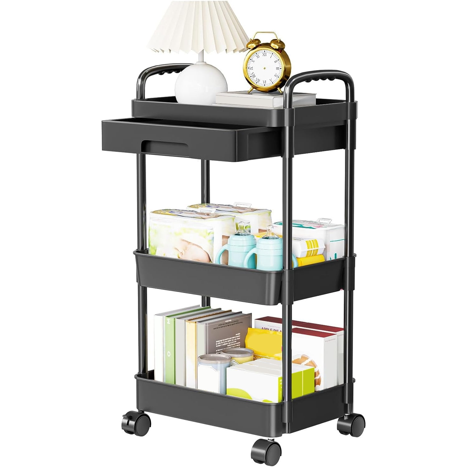 3 Tier Movable Rolling Utility Cart Storage Organizer Cart w/ Drawer ...
