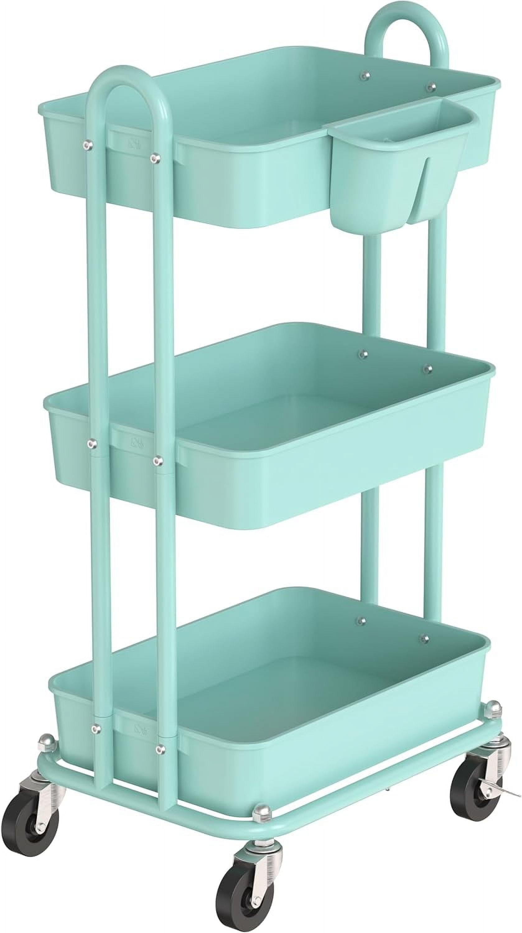 3-Tier Multifunctional Rolling Utility Cart with Hanging Bucket ...
