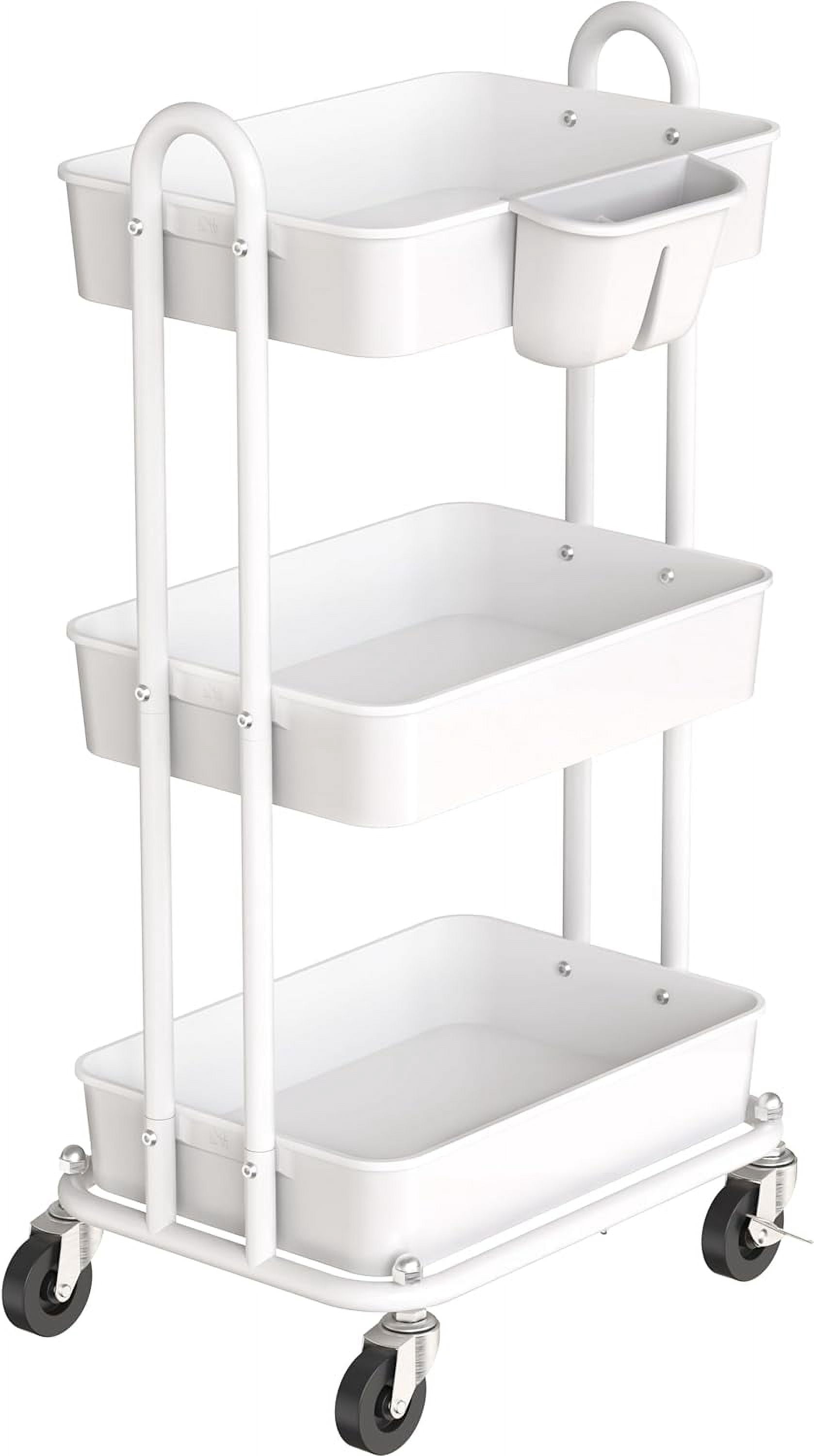 3-Tier Multifunctional Rolling Utility Cart with Hanging Bucket, White ...