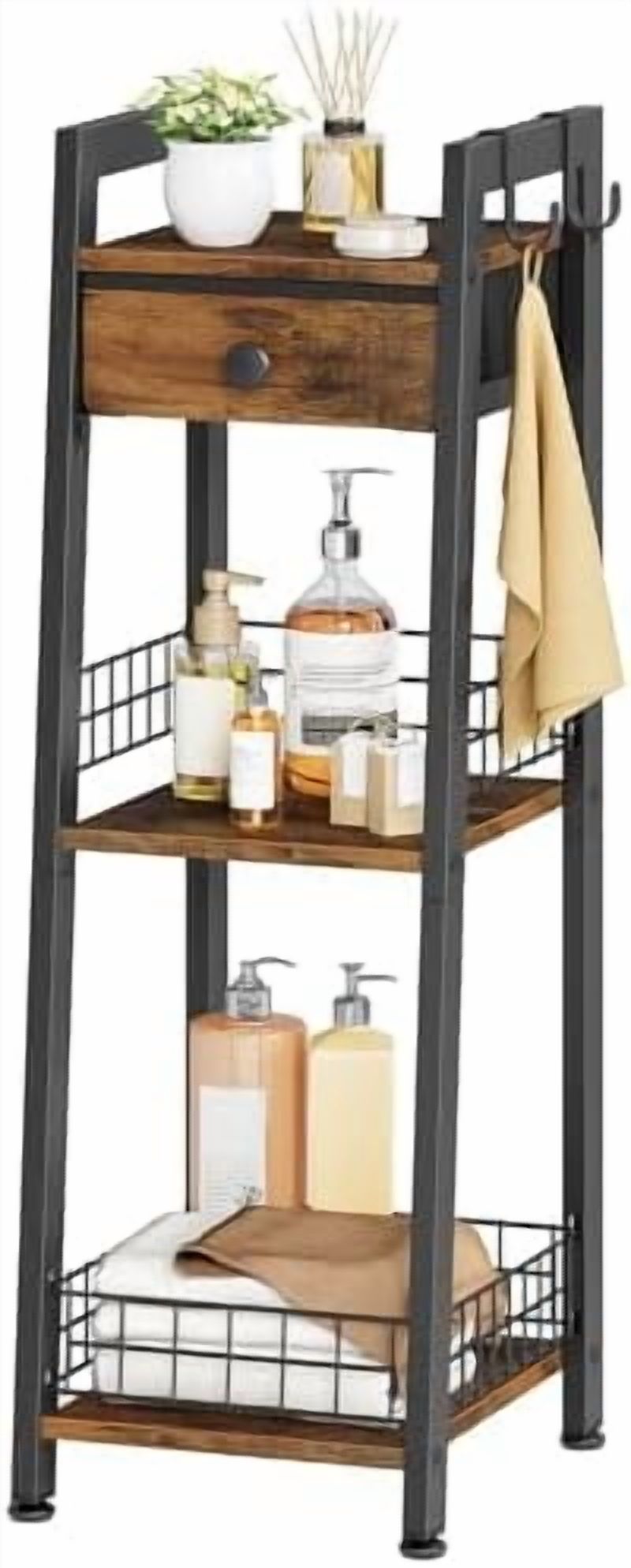 3-Tier Narrow Bathroom Ladder Shelf with Drawer, Bathroom Floor Storage ...