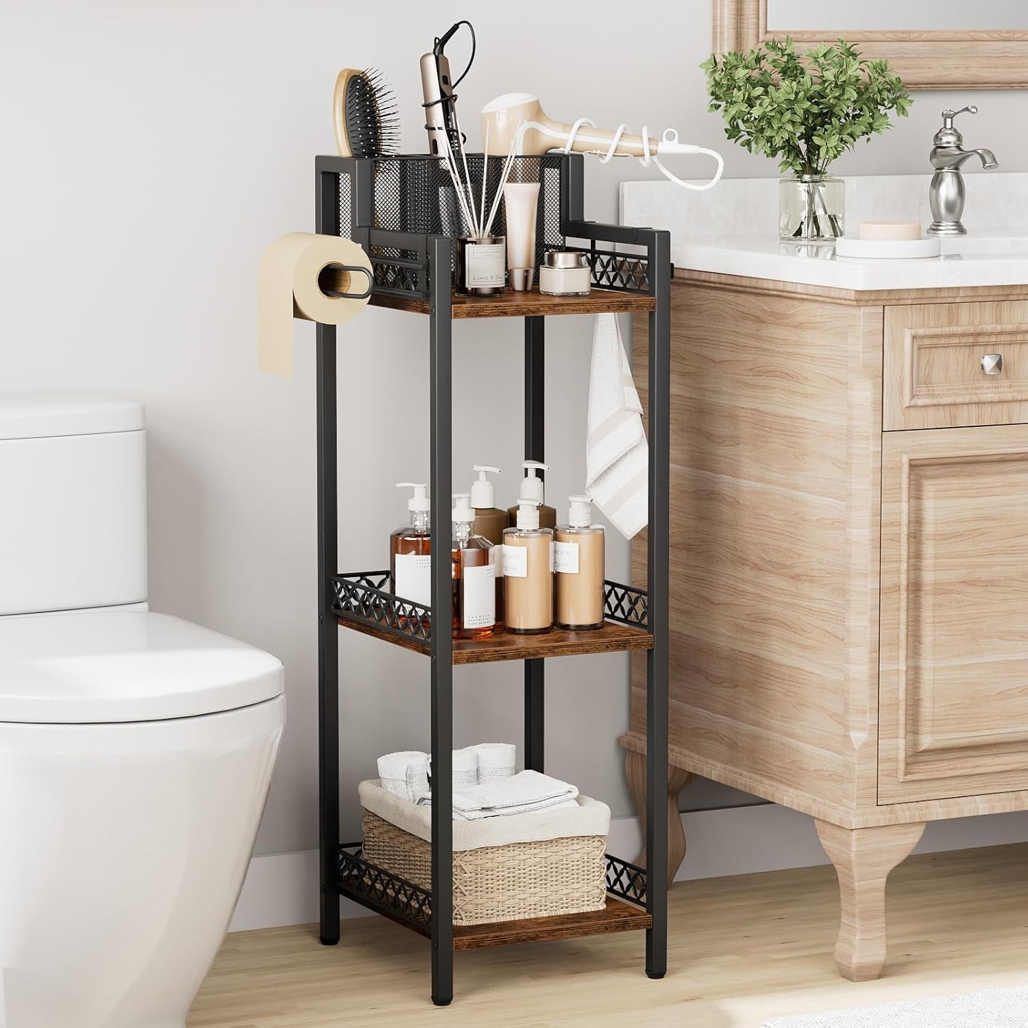 3-Tier Narrow Bathroom Storage Shelf with Toilet Paper Holder, Rustic ...