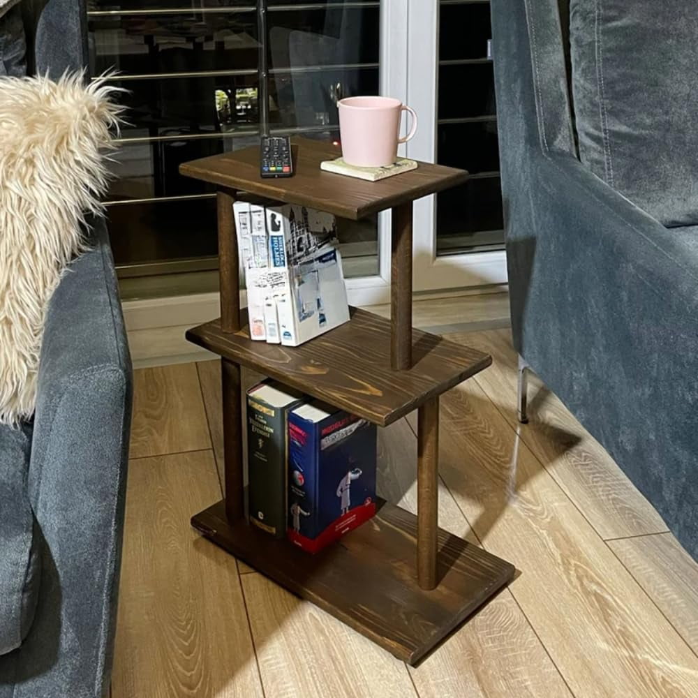 3-Tier Narrow Side Table with Storage, Solid Wood Slim End Table ...