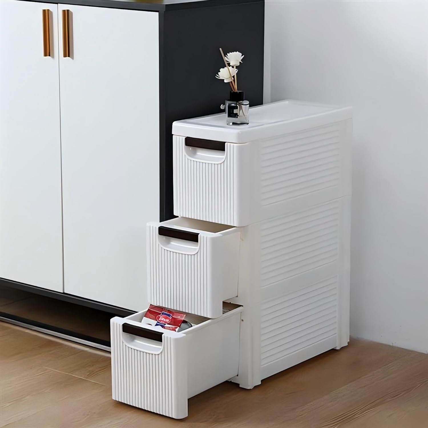 3-Tier Narrow Storage Cabinet, Slim Bathroom Rolling Cart with Drawers ...
