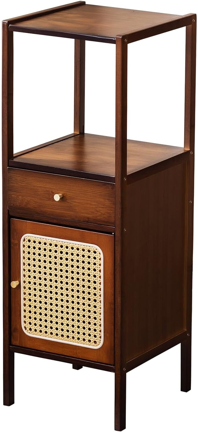 3-Tier Narrow Wood Bookcase with Rattan Door and Drawer, Mid-Century ...