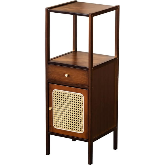 3-Tier Narrow Wood Bookcase with Rattan Door and Drawer, Mid-Century ...