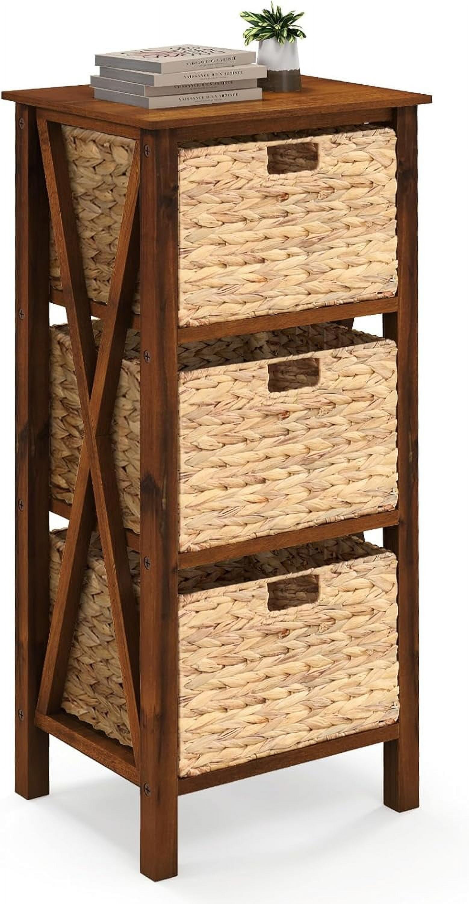 3-Tier Nightstand with 3 Wicker Baskets, Wooden X-Design Side Table End ...