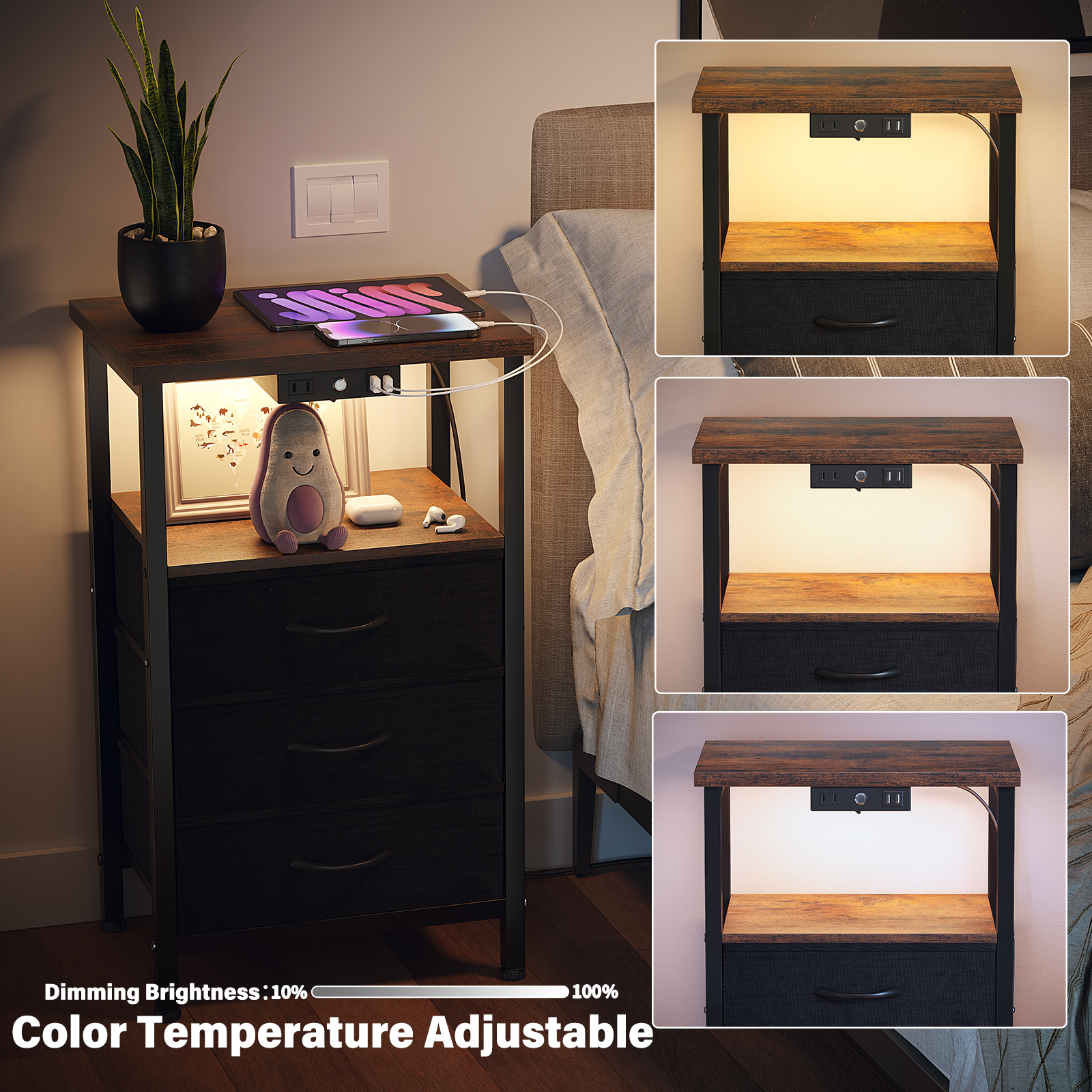 Costway 3-Tier Industrial Tall Nightstand Side End Telephone Table w ...