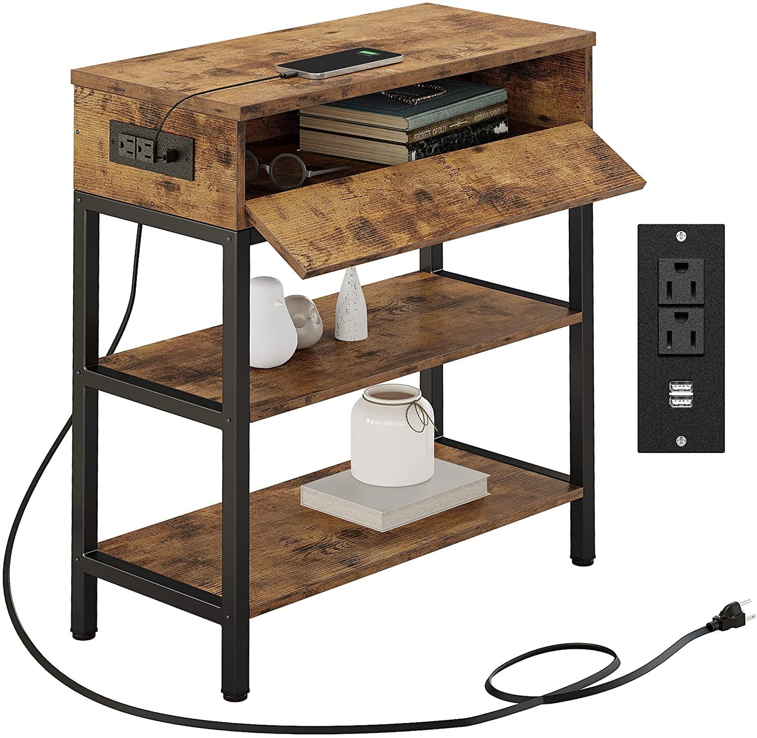 3 Tier Nightstand Narrow Side Table Wood Sofa End Table w/Charging ...