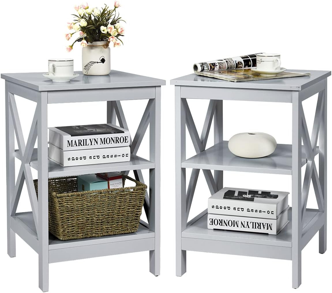 3-Tier Nightstand Set of 2, Wooden Sofa Side Table with Storage Shelves ...
