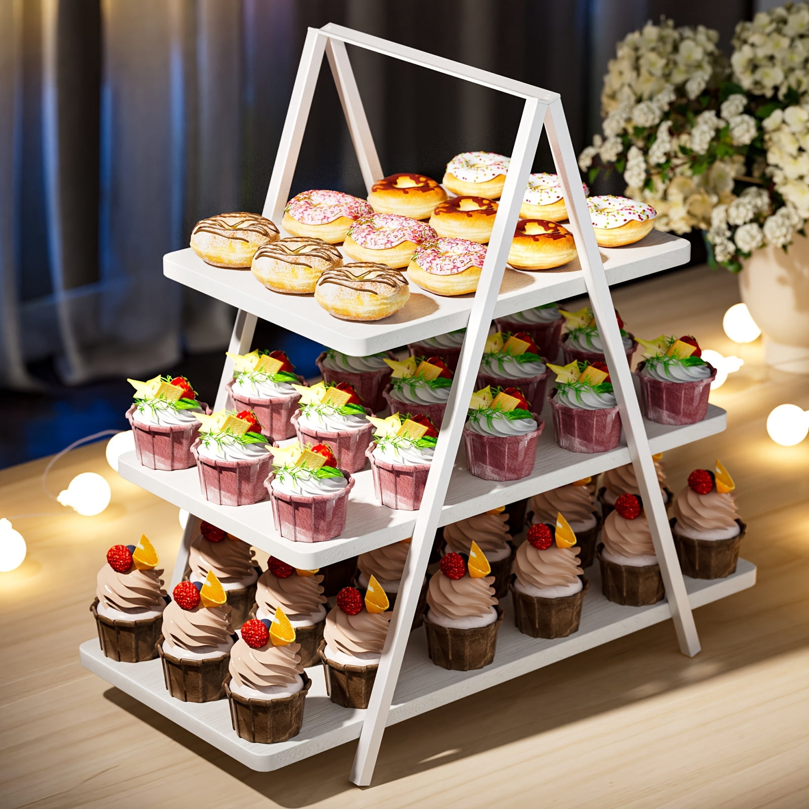 3-Tier Old-Fashioned Wooden Cupcake Stand, Display Shelf for up to 50 ...