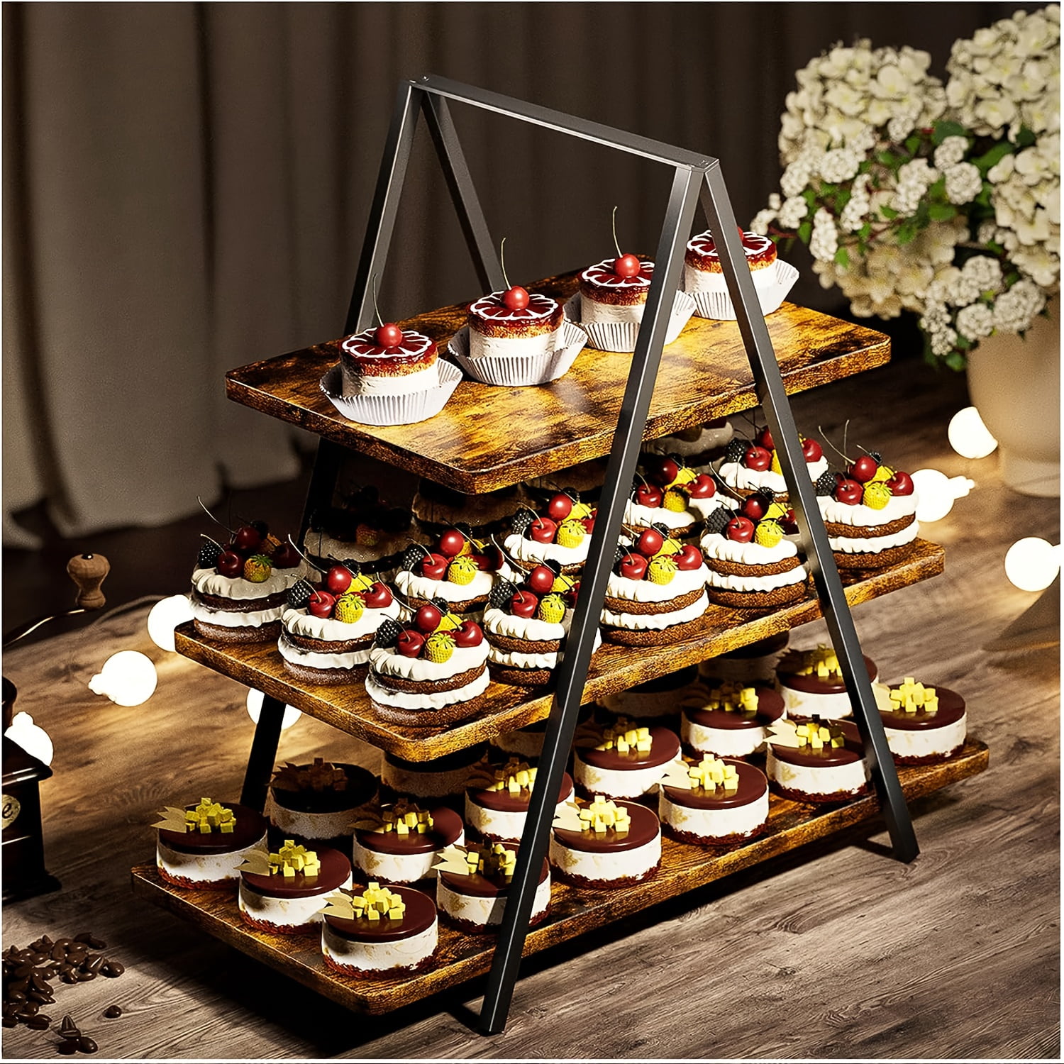 3-Tier Old-Fashioned Wooden Cupcake Stand, Display Shelf for up to 50 ...