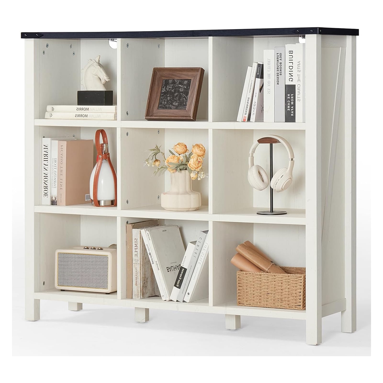 3 Tier Open Book Shelf, Wood and Metal 9 Cube Storage Organizer, Modern ...