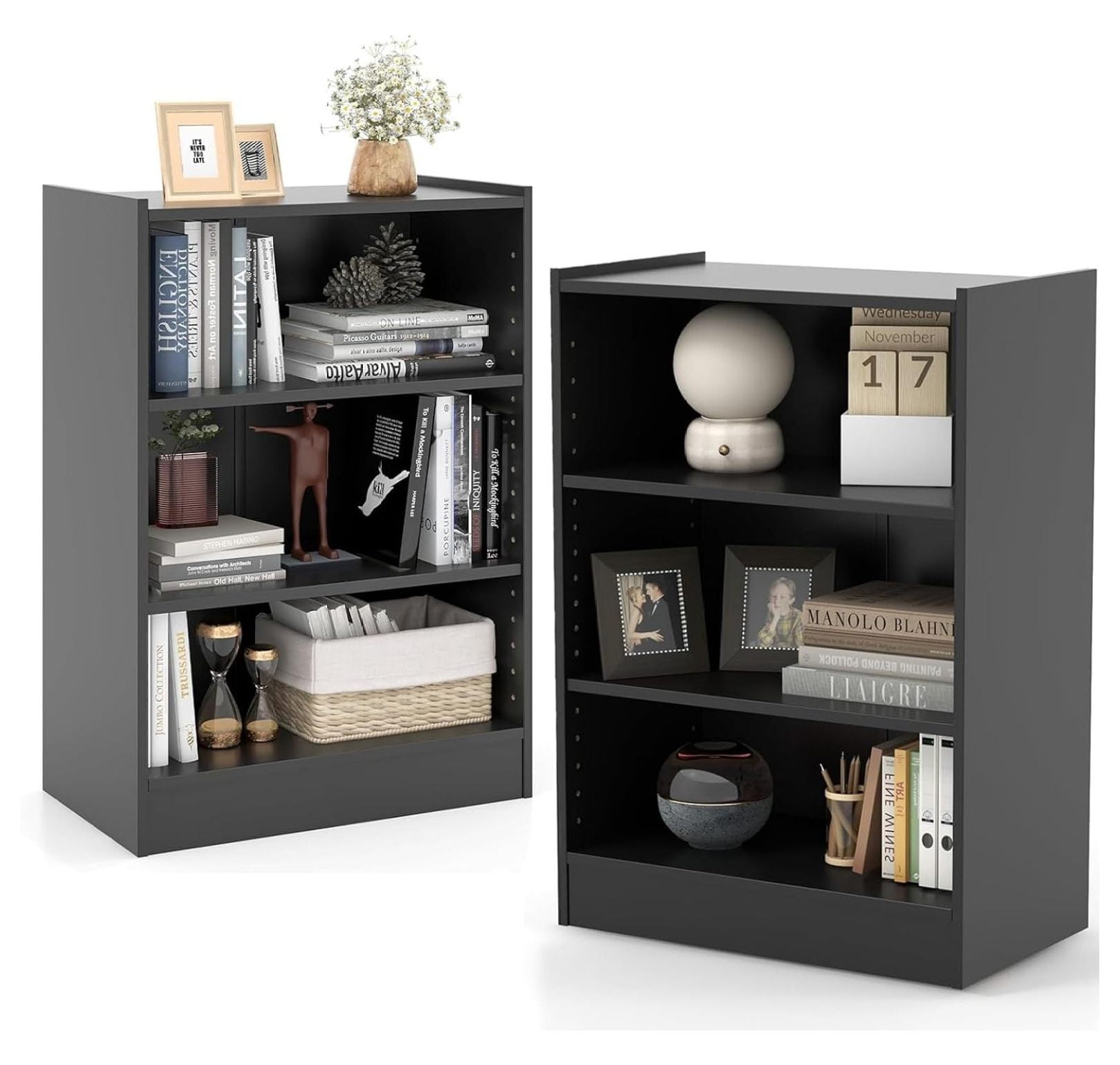 3-Tier Open Bookcase Set of 2, Modern 3-Cube Bookshelf with 18-Position ...