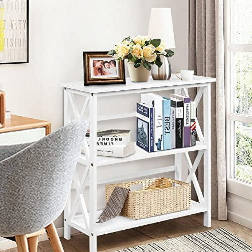 3-Tier Open Bookshelf Wood Shelf Bookcase Durable W/X-Design Rack White ...
