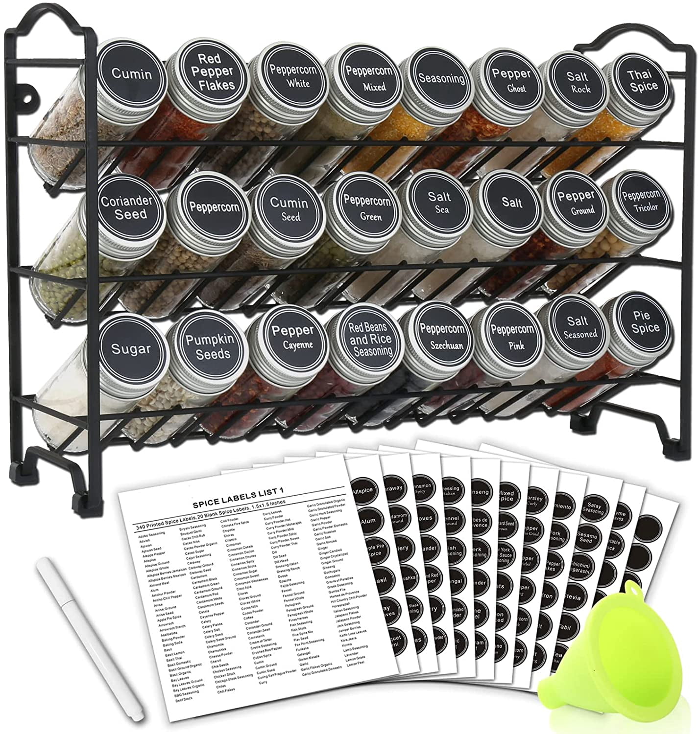 3 Tier Organizer with 24 Empty Round Spice Jars 396 Spice Labels Funnel ...