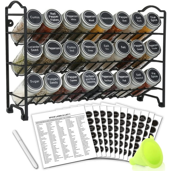 3 Tier Organizer with 24 Empty Round Spice Jars 396 Spice Labels Funnel ...