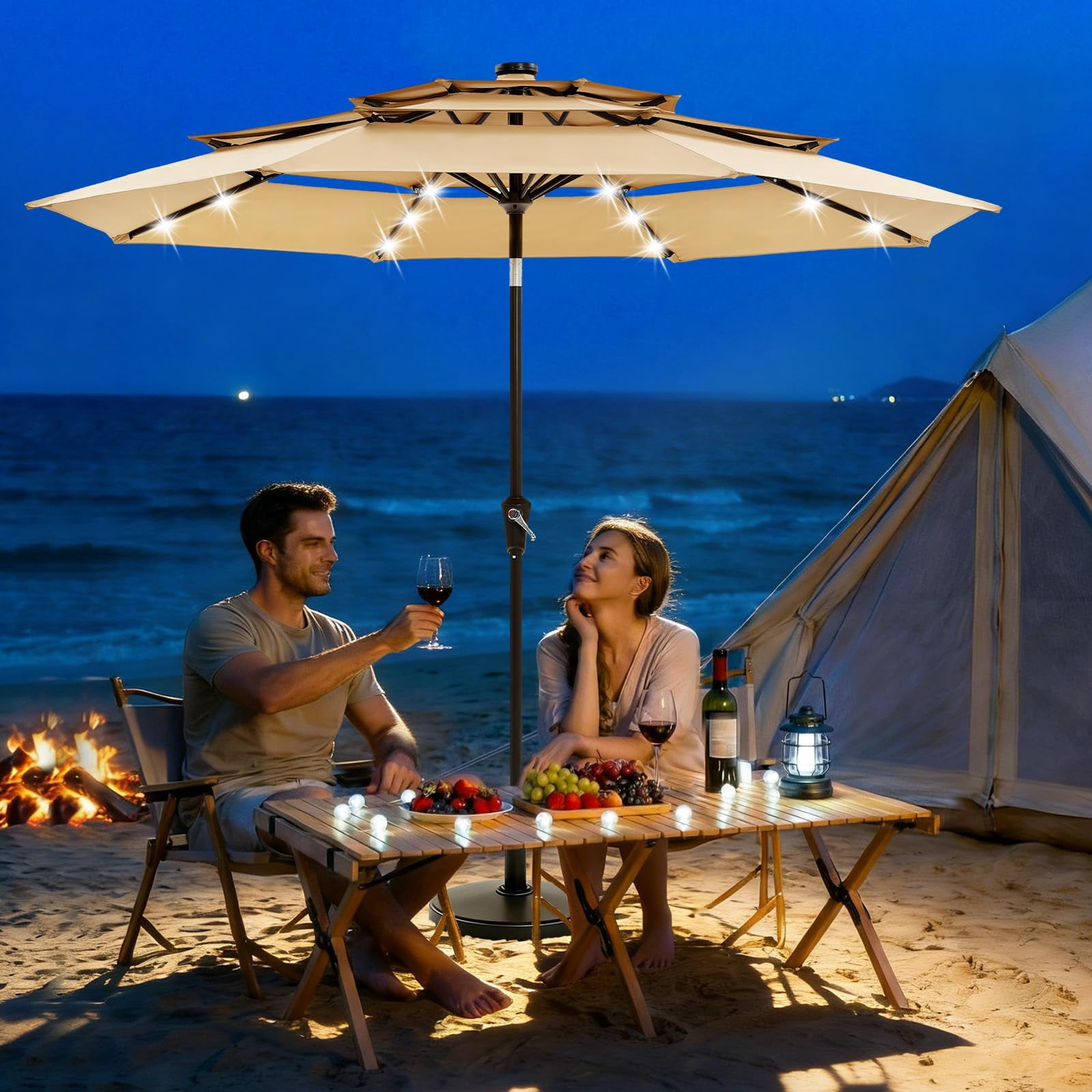 3-Tier Outdoor Patio Umbrella with 24 Solar LED Lights – 10ft Market ...