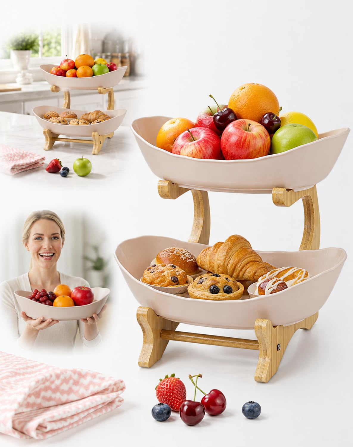 3 Tier Oval Plastic Fruit Basket – Bamboo Stand Space Saving Countertop ...