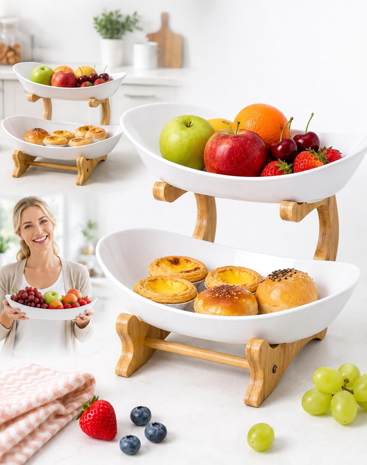 3 Tier Oval Plastic Fruit Basket – Bamboo Stand Space Saving Countertop ...