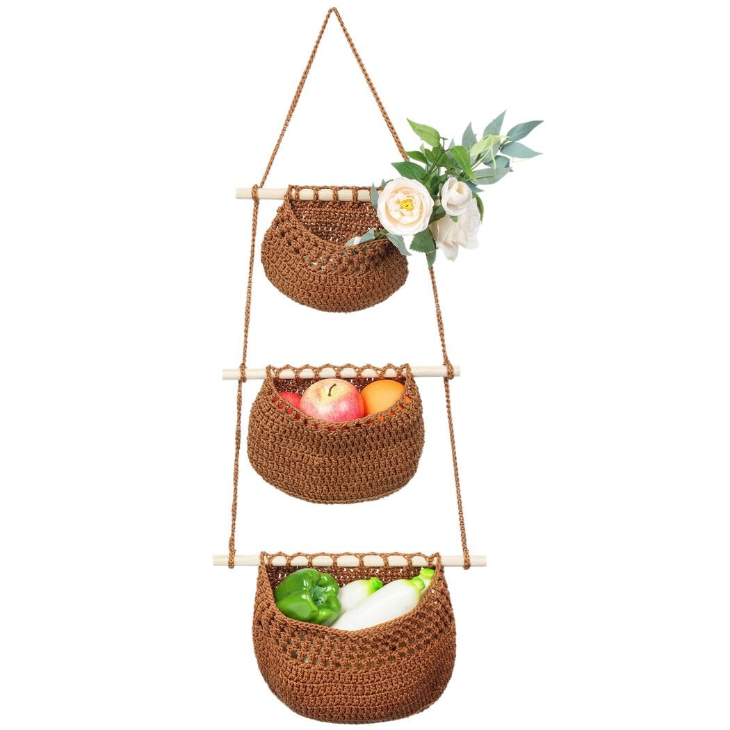 3-Tier Over the Door Hanging Fruit Basket, Woven Cotton Rope Wall ...