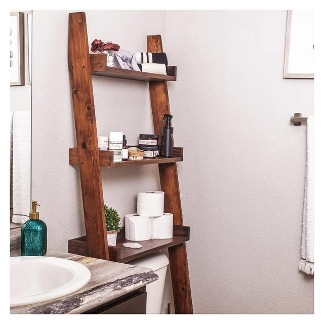 3 Tier Over The Toilet Leaning Ladder Shelf, Rustic Storage Shelves and ...