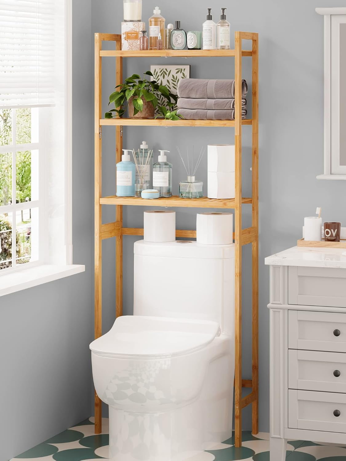 3-Tier Over Toilet Storage Bathroom Organizer Bamboo Space Saver Large ...