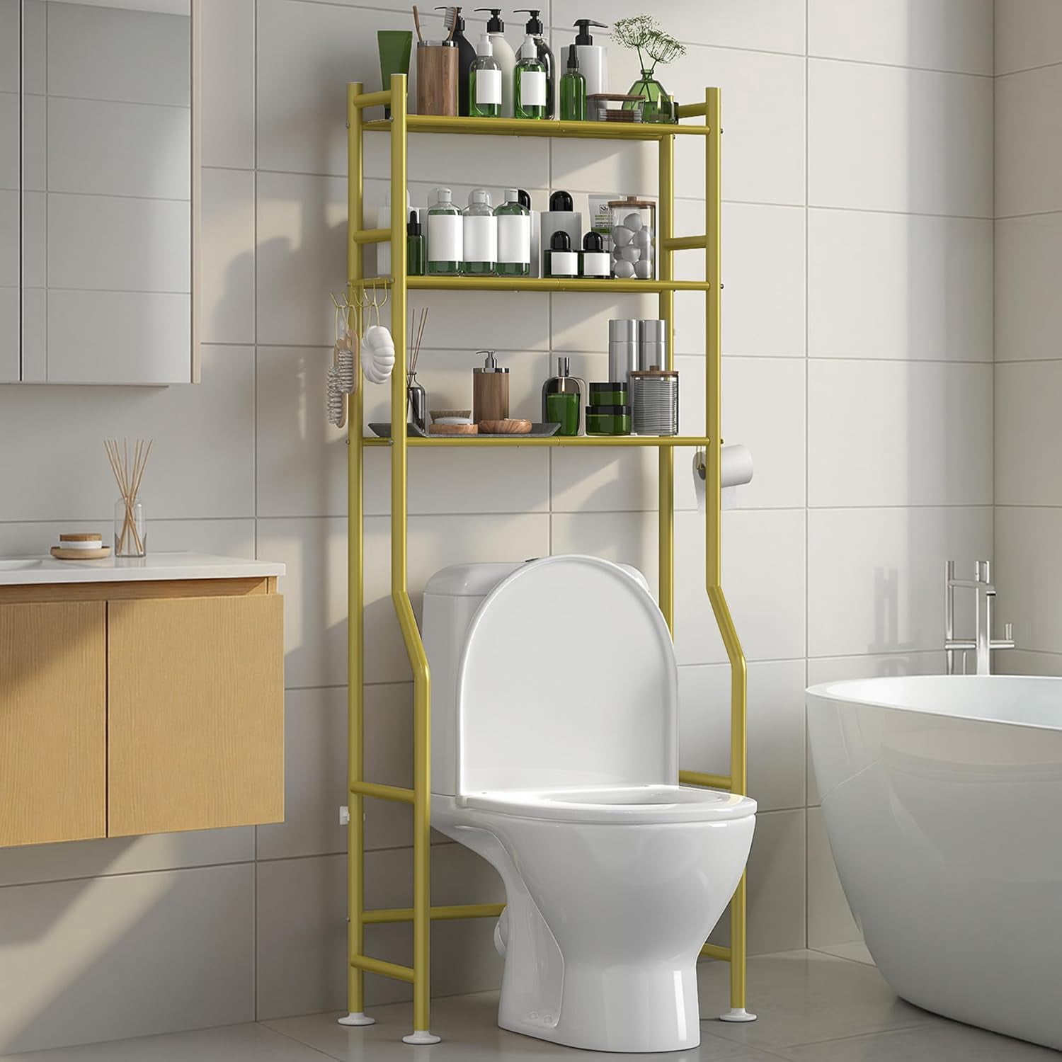 3-Tier Over the Toilet Storage Organizer with Paper Holder and 4 Hooks ...