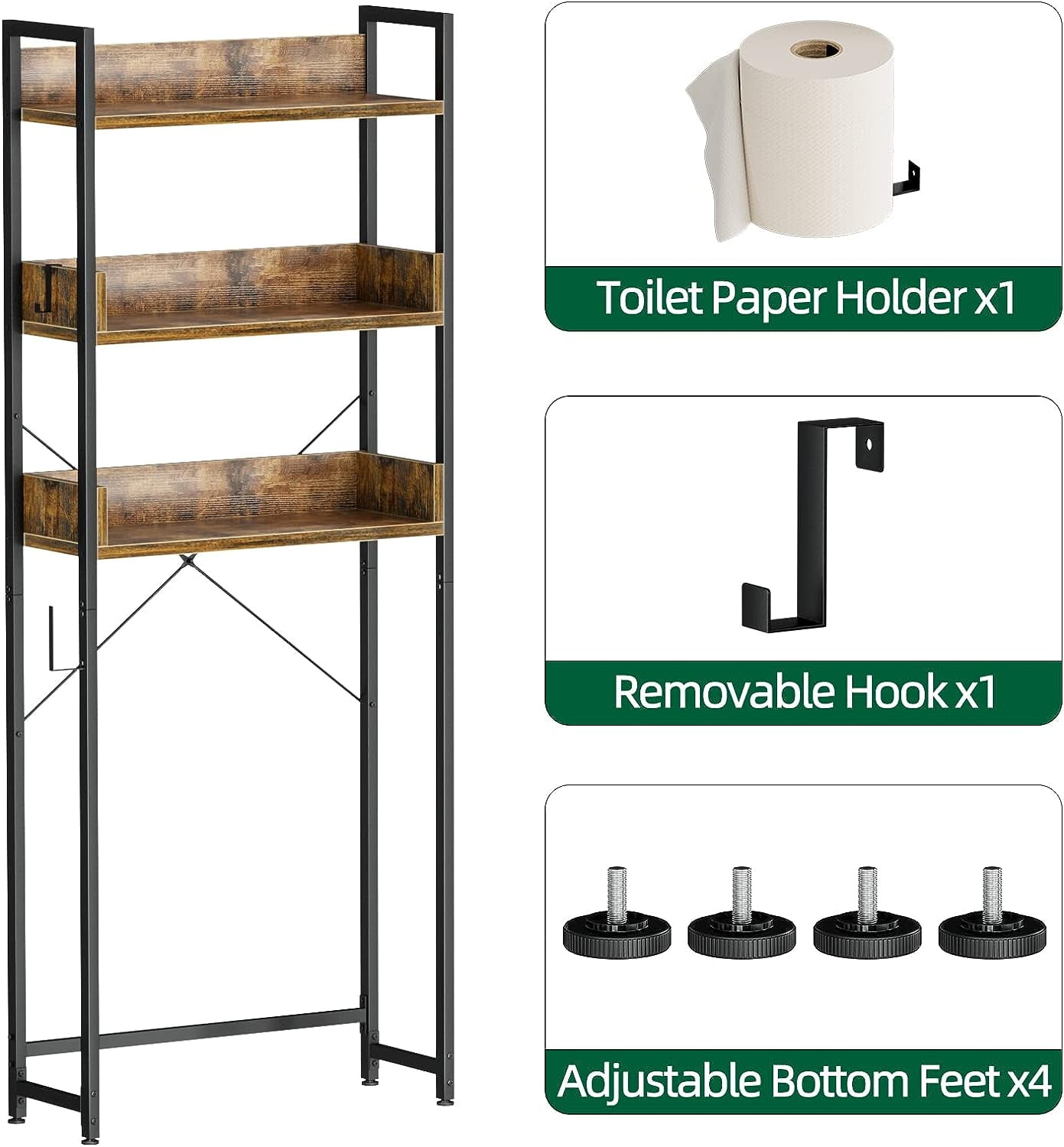 3-Tier Over-the-Toilet Storage Shelf, Vintage Bathroom Organizer Rack ...
