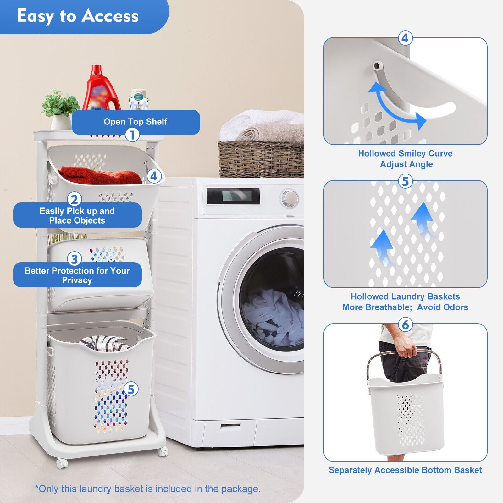 Laundry Sorter Cart 3-Tier Laundry Hamper Sorter, Laundry Storage ...