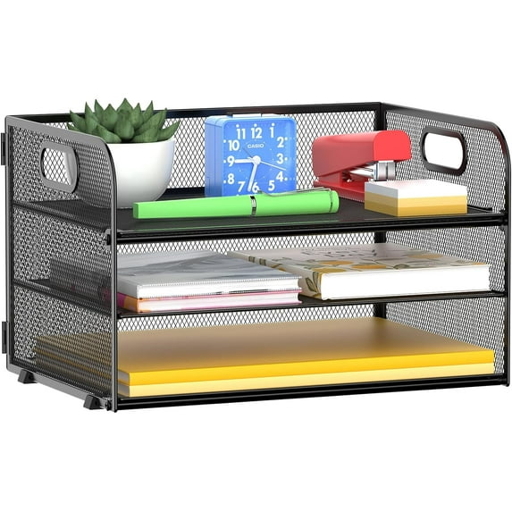3 Tier Paper Organizer Tray with Handle, Mesh Letter Tray for Office ...
