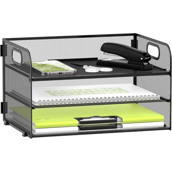 3-Tier Paper Organizer with Handle, Mesh Desk Organizer Letter Tray ...