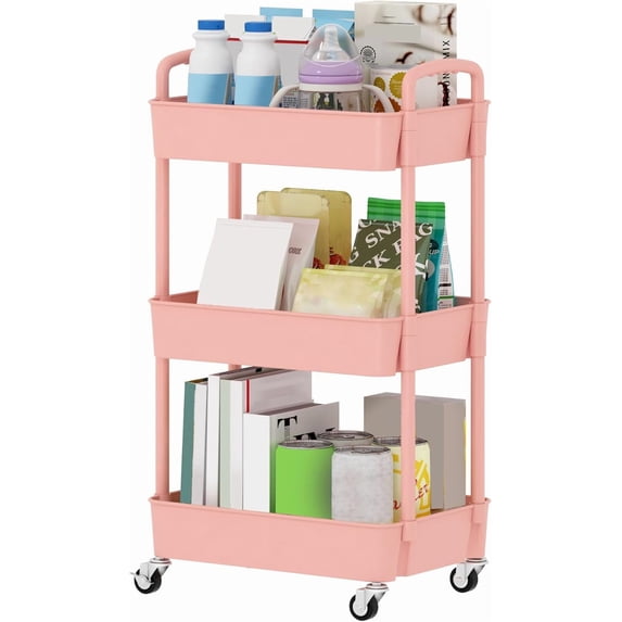 3-Tier Pink Plastic Rolling Utility Cart - Hot Sale! Multi-Functional ...