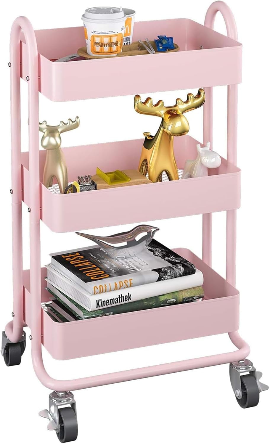 3-Tier Pink Utility Rolling Cart,Kitchen Storage Carts with Wheels,Pink ...