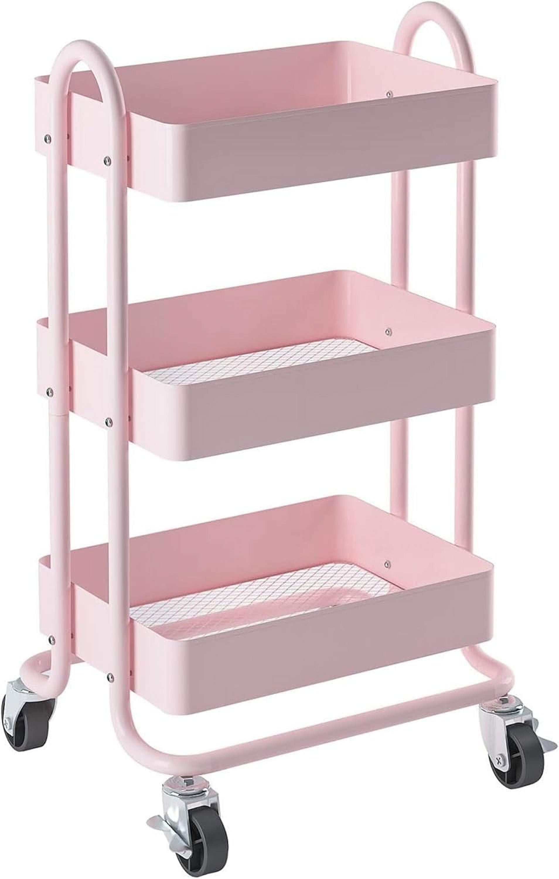 3-Tier Pink Utility Rolling Cart,Kitchen Storage Carts with Wheels,Pink ...