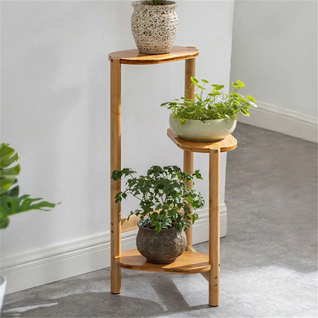 3 Tier Plant Stand Corner, Bamboo Plant Shelf Rack Triple Pot Stand ...