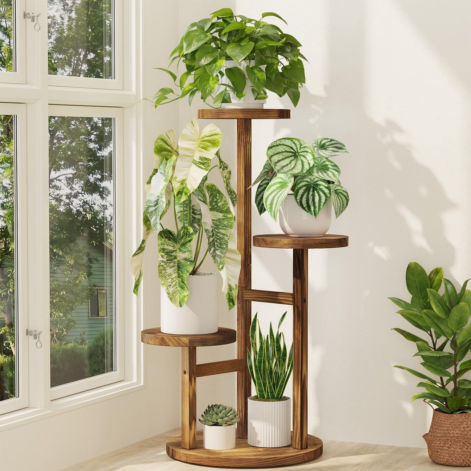 3 Tier Plant Stand Indoor, Tiered Corner Wood Multiple Flower Holder ...